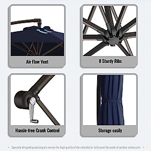 VOUA 10ft Large Outdoor Patio Umbrella with Tilt Adjustment, Navy, Polyester Fabric, Aluminum Pole, 8 Ribs, UV Protection, Crank & Cross Base