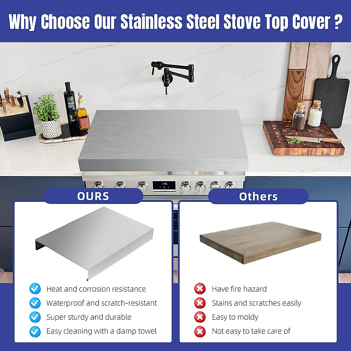 Stainless Steel Stove Top Cover: Noodle Board | Range Burner Cover | Metal Cooktop Cover for Gas Electric Stove - 30"x 22"x2.5"