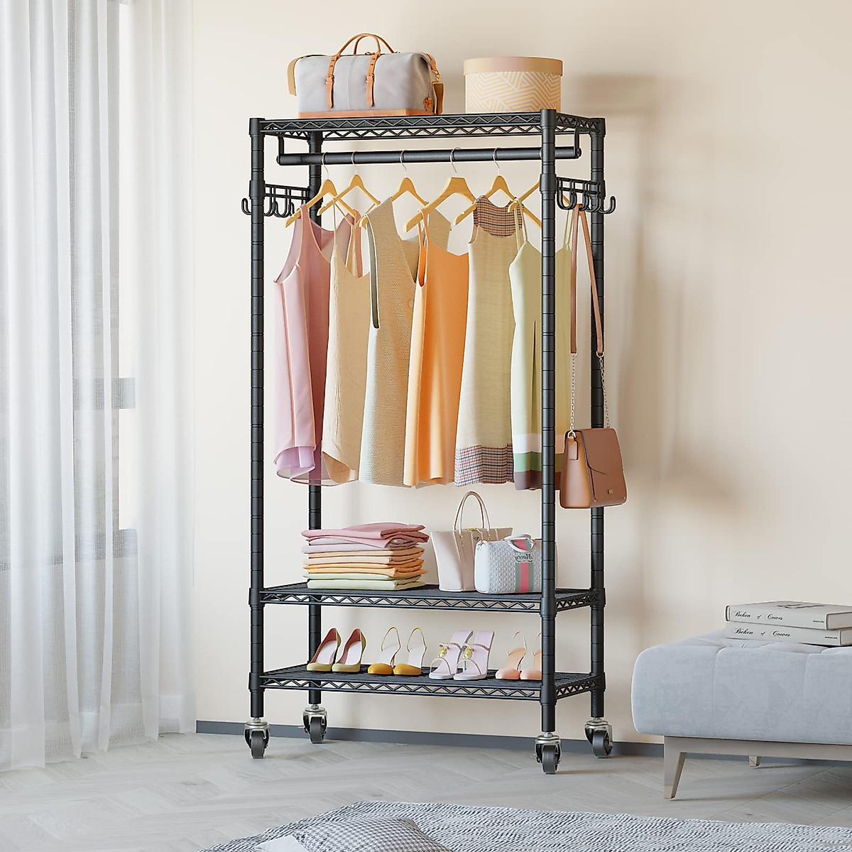 VIPEK R1 Medium Rolling Clothes Rack Portable Garment Rack for Hanging Clothes, 3 Wire Shelves Freestanding Heavy Duty Clothing Racks Storage Drying Rack with Wheels, Hanging Rod, Side Hooks, Black