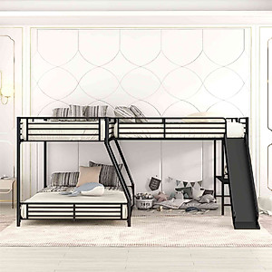 ATY L Shaped Full Bunk Bed with Twin Size Loftbed, Metal Bedframe w/Built-in Desk and Slide, for 3 People, Save Space Design, No Box Spring Required & Easy Assembly, Black