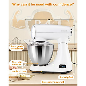 ZACME Mixers Kitchen Electric Stand Mixer, Aluminum die casting and Gears, 1 Hour Continuous Operation, Dual Cooling System, Low Noise DC Motor, LED Display and Timing Function, 600W 5.5QT, Food Grade