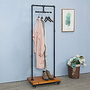 FURVOKIA Industrial Pipe and Wood Rolling Clothes Retail Heavy Duty Garment Racks,Metal Clothing Store Hanger Storage Shelves,Floor-Standing Display Rack,Decor Pipeline Shelf (Black)