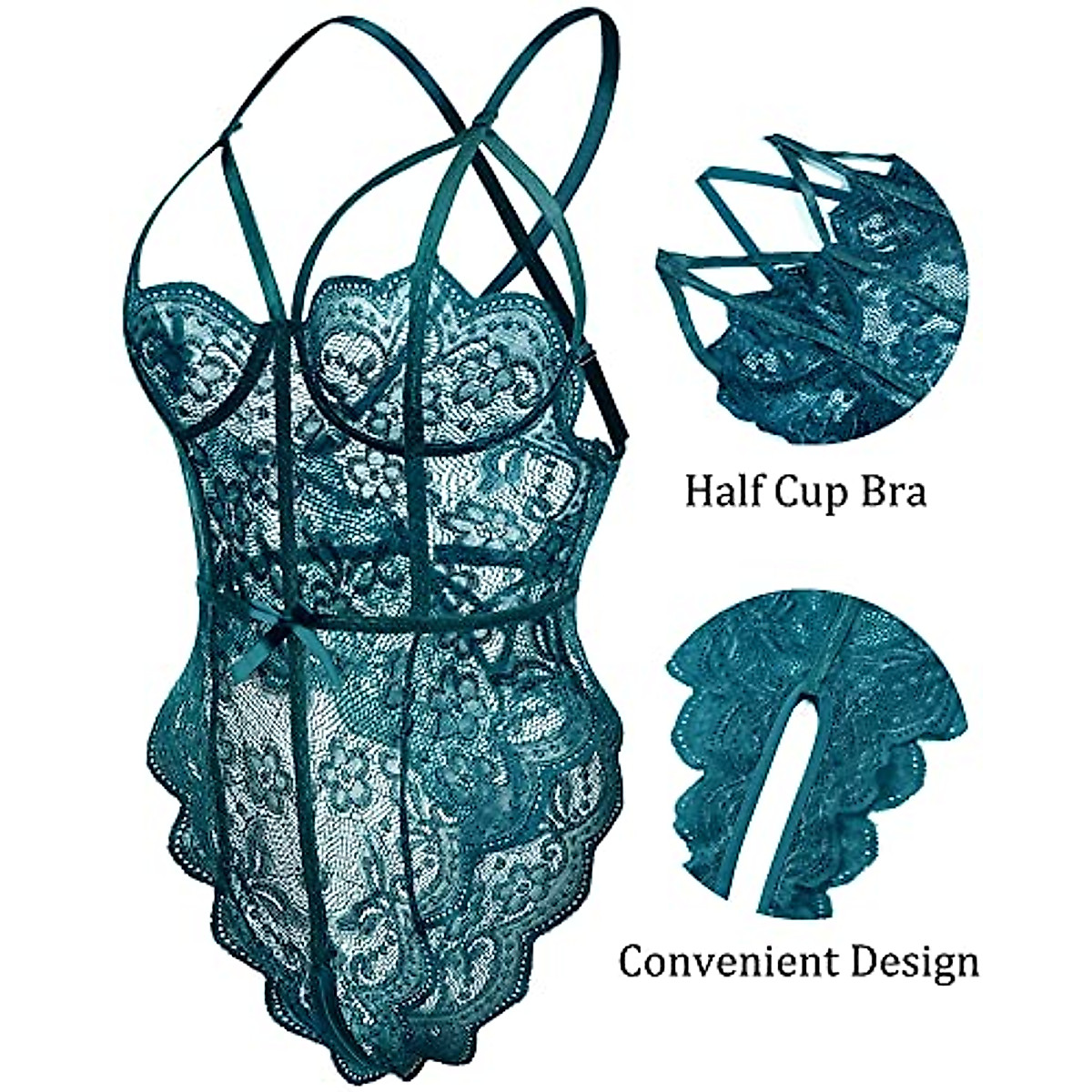 Fayenne Lingerie for Women Teddy Lingerie Floral Lace One Piece Babydoll Lingerie Deep V Bodysuit Strappy Lingerie Dark Green