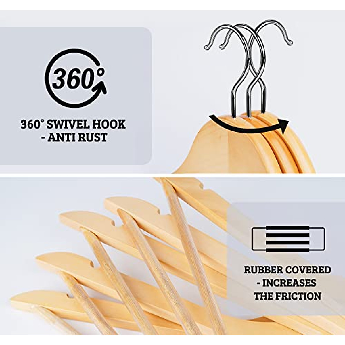 HOUÍSM Wooden Hangers 30 Pack, Solid Wooden Suit Hangers Coat Hangers with Non-Slip Pants Bar, 360° Swivel Hook & Notches, Smooth Finish, Heavy Duty Clothes Hangers for Coats, Suits, Pants and Jackets