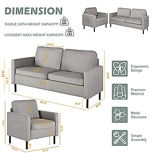 STHOUYN 2 Piece Upholstered Sectional Sofa Set Couches Sofas Living Room Furniture Sets, Loveseat with USB & Accent Chair, Grey Couch Bedroom Livingroom Apartment (2, Light Grey)