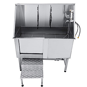 VEVOR 62 inch Professional Dog Grooming Tub Stainless Steel Pet Bathing Tub Large Dog Wash Tub with Faucet Walk-in Ramp Accessories Dog Washing Station Pet Bath Tub