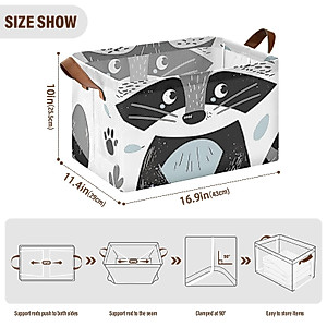 PDZRMY Open Storage Bin Cut Raccoon Large Foldable Storage Box Storage Basket Organizer Bins with Leather Handles for Shelf Closet Bedroom Living Room Office Home 1 Pack