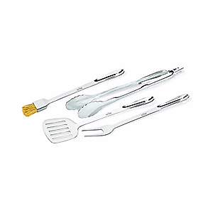 All Clad BBQ Tool Set, Grill Accessories, 4 Pieces: Fork, Brush, Locking Tongs and Turner. Stainless Steel, Silver