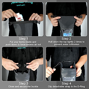 HUGSEE 2L Waterproof Dry Bag Backpack with Integrated Clear Phone Pouch for Outdoor Activities, Black