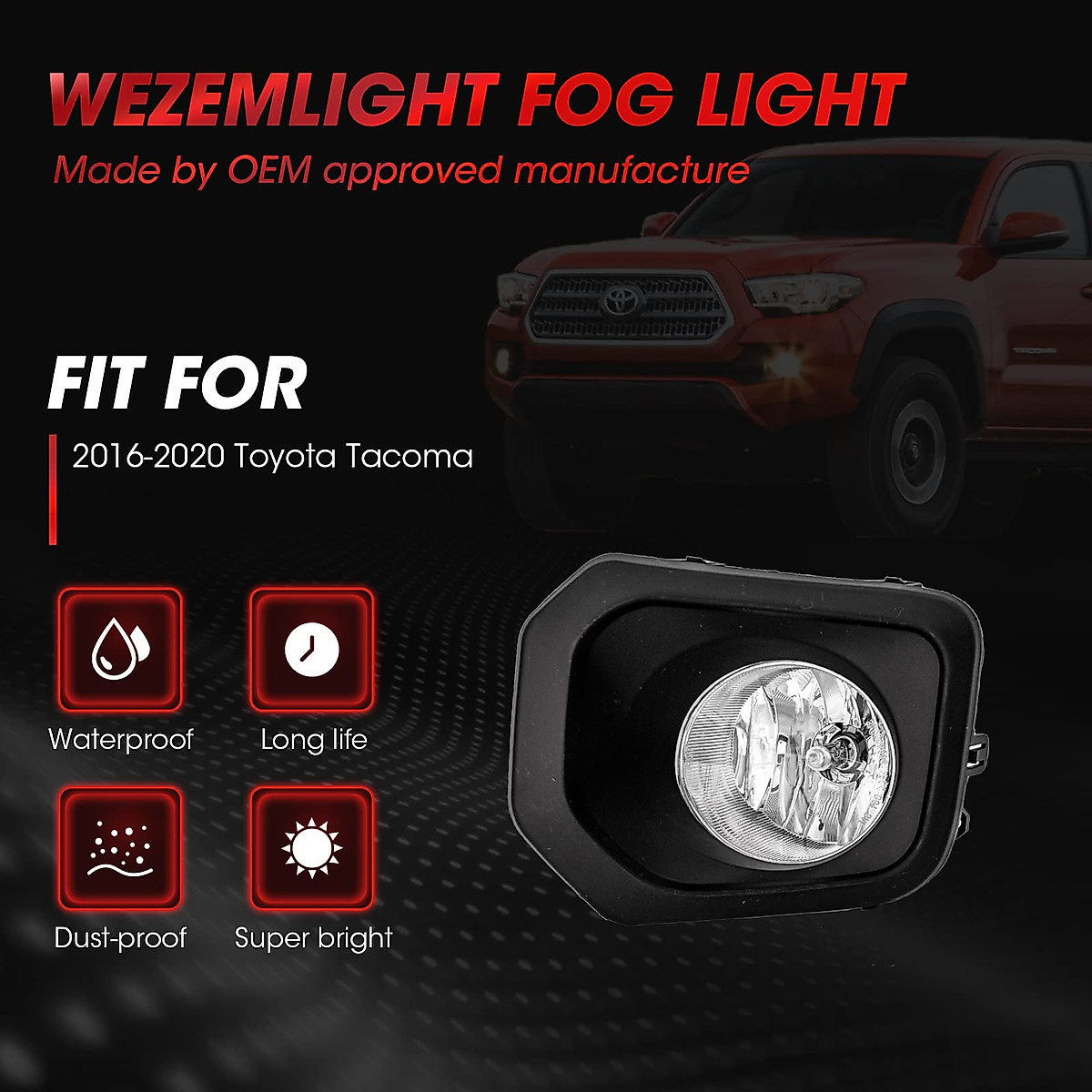 WEZEMLIGHT Fog Lights Lamps Replacement for 2016-2020 Toyota Tacoma(Fits SR, SR5 Model Only) with H16 12V 19W Halogen Bulbs With Black Bezel (Clear Lens) L+R