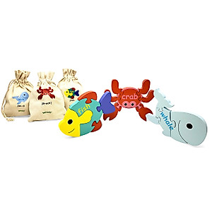 The Wordy Sea - 6 Piece Wood Bilingual Puzzle Set for Toddlers - Early Childhood Education Montessori Language and Fine Motor Skills Toys. (English/Mandarin)