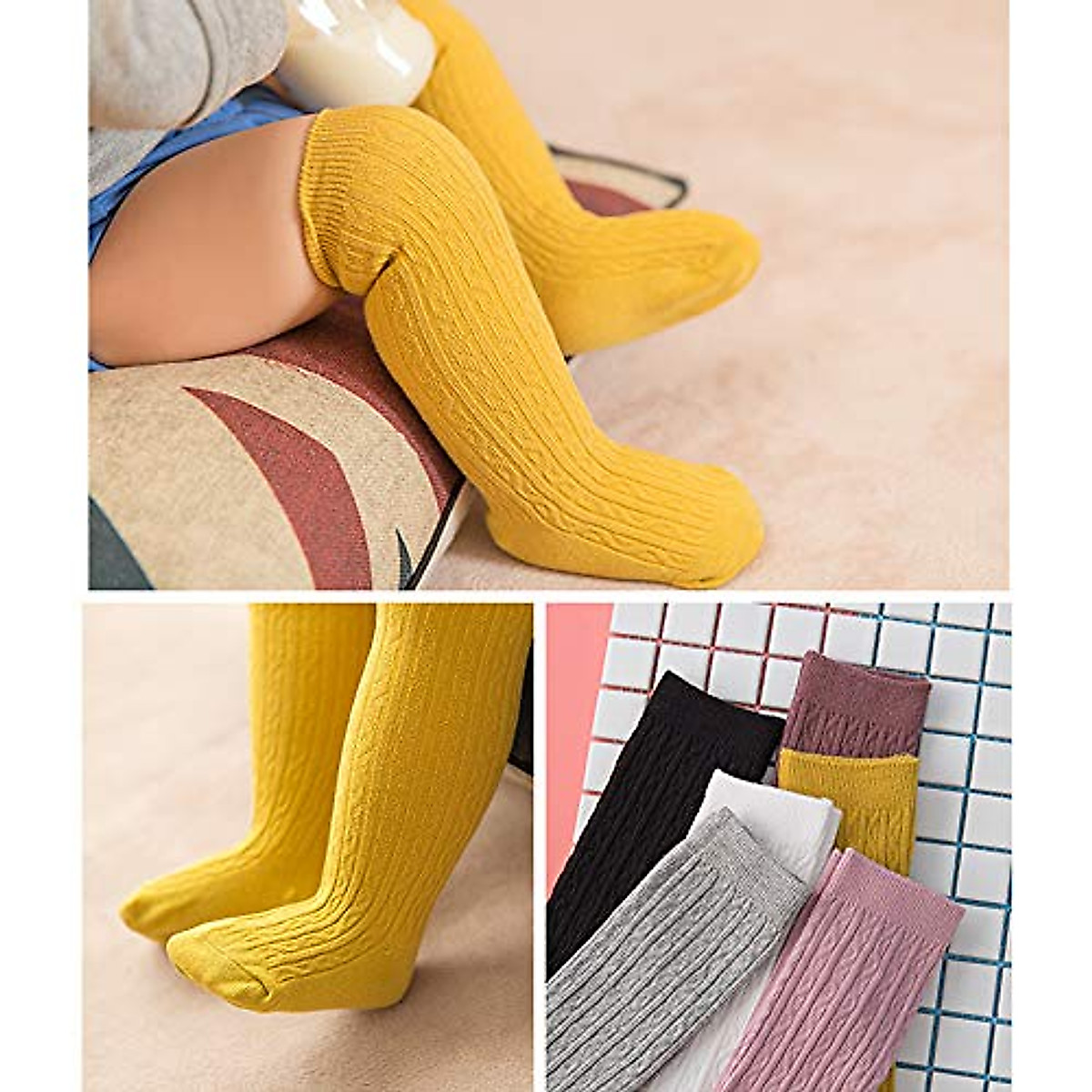 Nuziku Toddler Knee High Socks - 6 Pairs Little Girls Cable Knit Cotton Stockings (Assorted 6-pack, 1-2T)