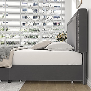 VECELO Queen Size Upholstered Platform Bed Frame with 4 Storage Drawers, Adjustable Velvet Rivets Headboard, Wooden Slats Support, No Box Spring Needed, Easy Assembly