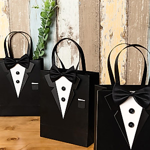 Crisky Classic Black Tuxedo Gift Bags for Groomsman Father's Birthday Anniversary Wedding Favor Bags 10"x8"x4" set of 6