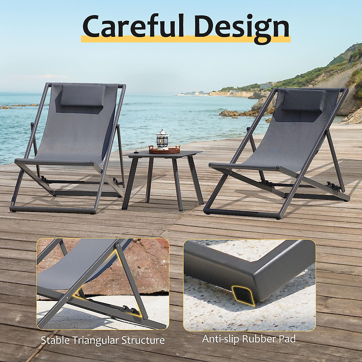 MaluttiLifestyle Outdoor Reclining Lounge Chairs and Aluminum Table, Set of 2 Rust-Proof Lightweight Foldable Patio Sling Chairs Adjustable Lounge Chairs with Aluminum Frames and Headrest, Gray