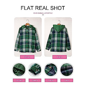 EVALESS Women's Hooded Flannel Fall Fleece Plaid Shacket Jacket 2023 Fashion Casual Long Sleeve Button Down Shirts Coats,Green XL