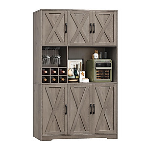 HOSTACK Kitchen Pantry Storage Cabinet, 71" Tall Food Pantry Cabinet with Microwave Stand, Farmhouse Kitchen Hutch Cabinet, Coffee Bar Hutch with Wine Rack for Dining Room, Living Room, Ash Grey