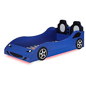 Coaster Home Furnishings Cruiser Contemporary Leatherette Upholstered Twin Size LED Car Bed Frame Platform Bed 33-inch Headboard Blue 400478