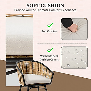 Outsunny 3 Piece Patio Set, Outdoor Bistro Furniture, PE Rattan Wicker Table and Chairs, Cushioned, Hand Woven, Barrel-Style with Tempered Glass for Garden, Porch, Pool, Backyard, Cream White