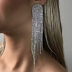 Jumwrit Rhinestone Tassel Earrings Bohemian Fringe Chandelier Earrings Long Rhinestone Earrings Statement Drop Earrings for Women（Silver）