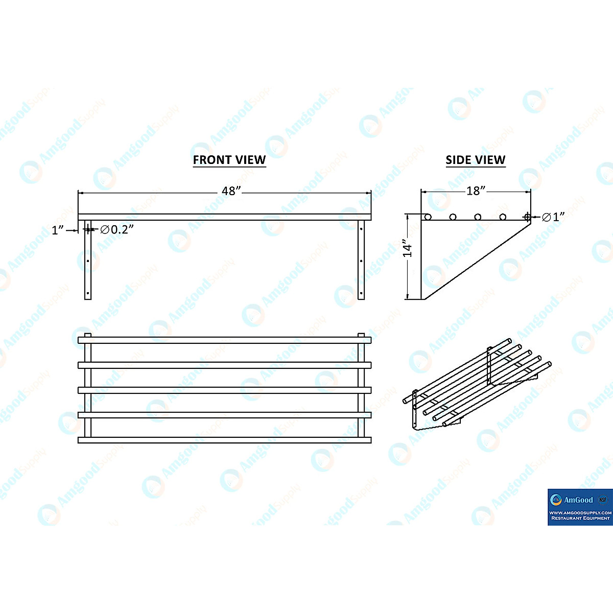AmGood 48" Long X 18" Deep Stainless Steel Tubular Wall Shelf | NSF Certified | Appliance & Equipment Metal Shelving | Kitchen, Restaurant, Garage, Laundry, Utility Room
