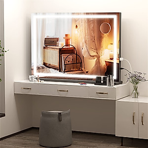 Hasipu Vanity Mirror with Lights, 32" x 22" LED Makeup Mirror, Lighted Makeup Mirror with Dimmable 3 Modes, Touch Screen Control Vanity Mirror Square Black