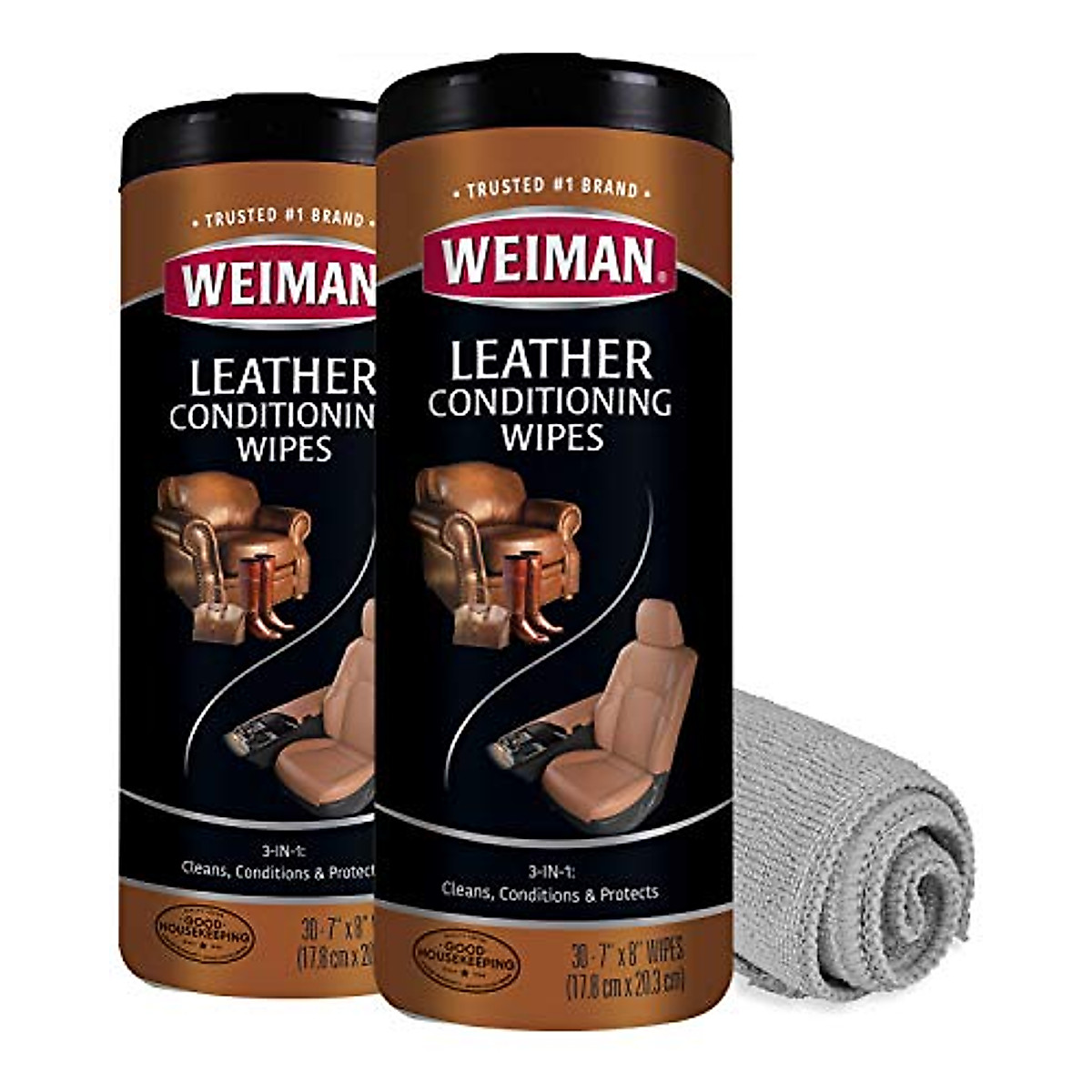 Weiman Leather Cleaner Wipes - 2 Pack with Microfiber Cloth - Clean Condition UV Protection Help Prevent Cracking or Fading of Leather Furniture, Car Interior, and Shoes