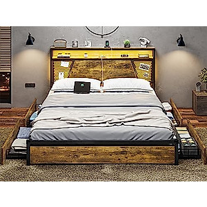 BTHFST Queen Bed Frame with Charging Station & Built-in LED Lights Headboard, Metal Platform Bed Frame with Drawers, No Squeak/No Box Spring Needed/Steel Slat Support, Vintage Brown & Black