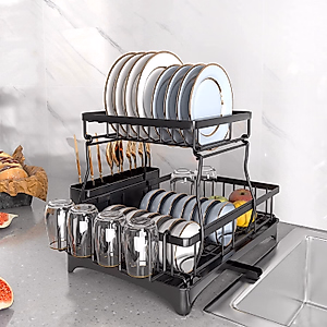 SPOWAY 2 Tier Dish Racks for Kitchen Counter,Dish Drying Rack with 360°Drainage,Dish Drainboard Set with Cutlery Holder and 4 Cup Holder,Dish drainers Over Sink Drying Rack On Counter