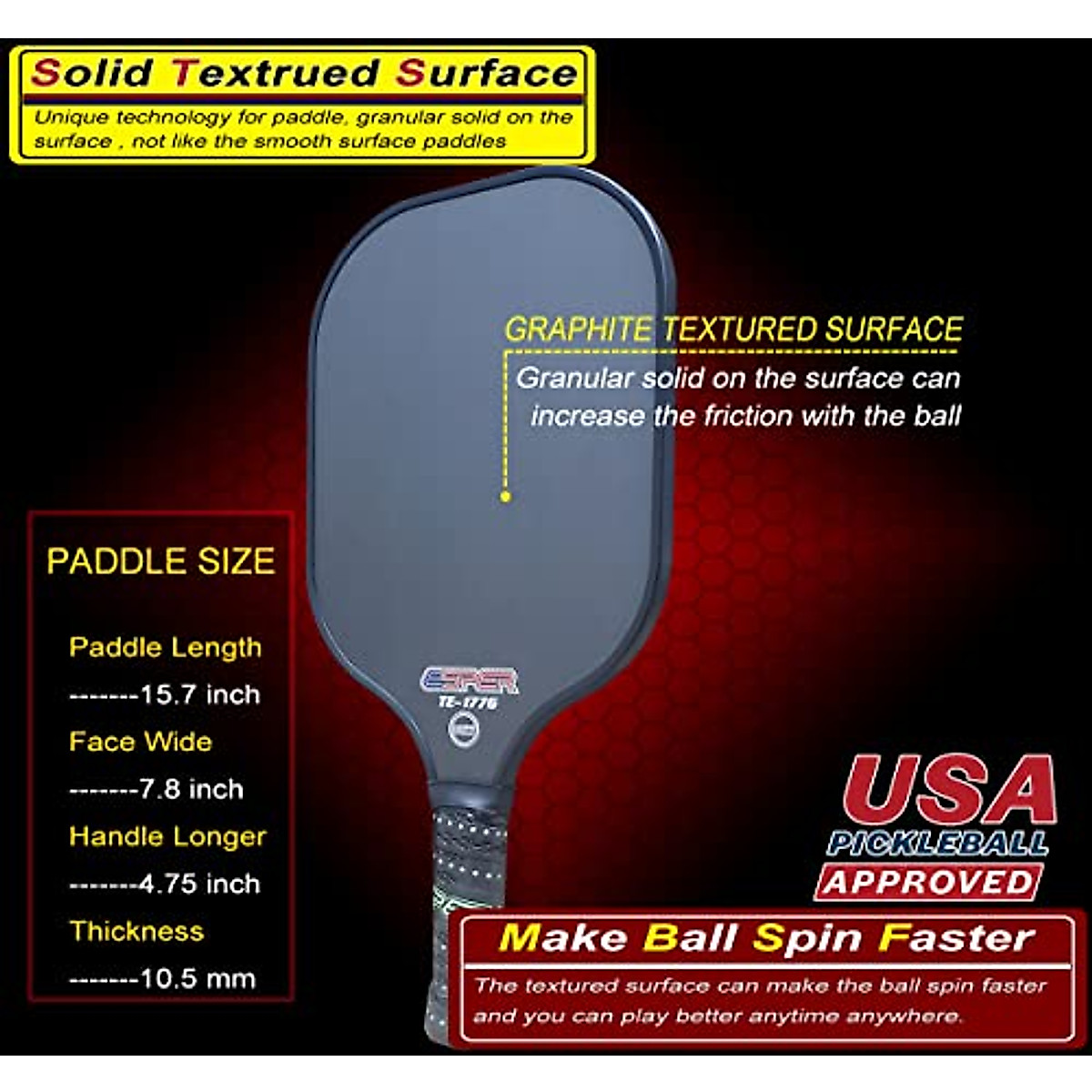 Pickleball Paddle Graphite Textured Surface for Spin,USAPA Approved,Pro Pickleball Racquet Lightweight,Carbon Fiber Pickleball Racket,PP Core,for Any Skill Level Players Indoor & Outdoor Tournament
