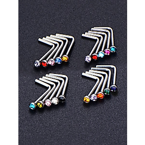 Mudder 20 Pcs Curved Nose Studs Stainless Steel Nose Ring Colorful L Shaped Crystals l Bend Nose Screw Piercing Jewelry,20 Gauge