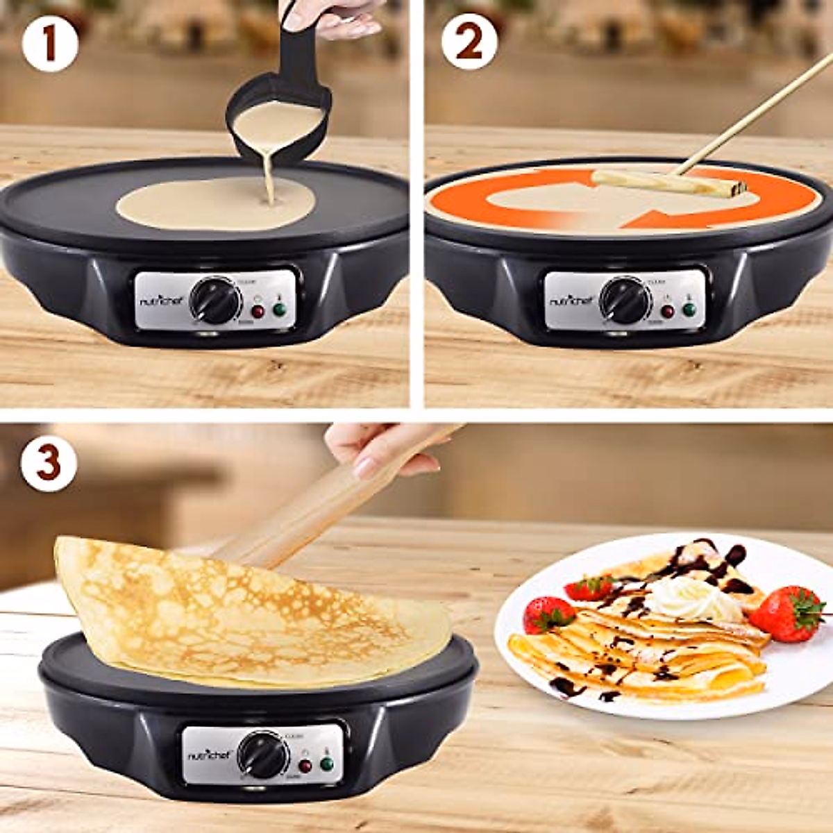 Electric Crepe Maker & Griddle -Easy to Clean Detachable Nonstick Cooktop - Cooks Crepes Bacon, Tortillas & Omelets - 12inch Cook Area with Adjustable Temperature - Includes Spatula & Batter Spreader