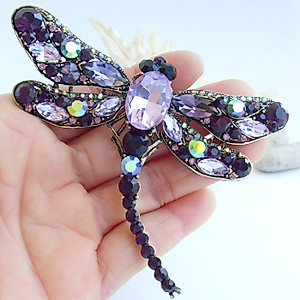 Sindary 3.74" Pretty Insect Dragonfly Brooch Pin Pendant Rhinestone Crystal (Gold-Tone Purple)
