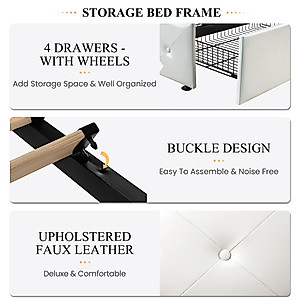 SHA CERLIN Upholstered Queen Platform Storage Bed Frame with 4 Drawers, Adjustable Headboard with Faux Leather Diamond Button Tufted Design, Wooden Slat Support, No Box Spring Needed, White