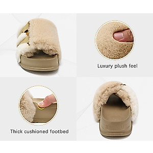KuaiLu Womens Slides Soft Cushion Faux Fur Sandals for Women Open Toe House Slipper with Arch Support Ladies Slip On Fuzzy Platform Slipper Indoor Outdoor,Beige Size 10