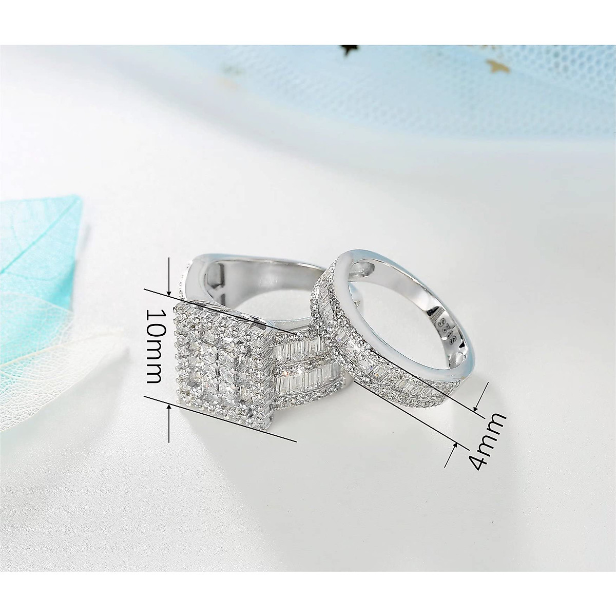 Square CZ Engagement Ring/Wedding Band Bridal Set for Women/Wide Baguette and Round Multi Cut Stones Statement 925s Ring Size 7