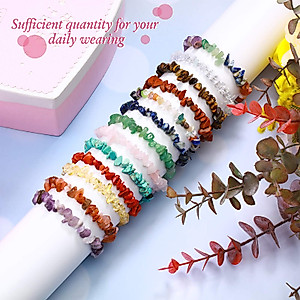 Hicarer 15 Pieces Crystal Bracelets Set Natural Gemstone Stretch Bracelets Spiritual Healing Crystals Summer Beach Jewelry Irregular Chips Bracelet for Women Gifts(Classic Style)