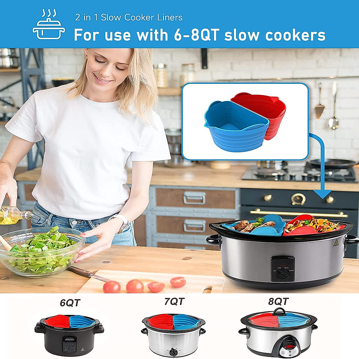 Slow Cooker Liners, Silicone Crock Pot Liners Compatible with Crockpot, Reusable Slow Cooker Divider Insert for 6-8 Quart Crock Pot, Safe Cooking Liner, BPA Free, Easy Cleanup