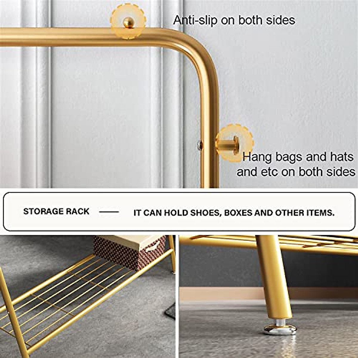 YMHT Garment Rack Metal Gold Clothing Rack with Shelves Clothes Rack with Shoe Shelves Hat Hooks Bedroom Cloakroom (Gold)