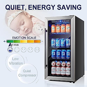 Phiestina Beverage Refrigerator 100 Cans Beverage Cooler 16 inch Mini Juice Beer Fridge Freestanding Low Noise/Auto Defrost Function Glass Door Removable Shelves for Home Bar Office