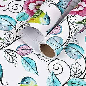 HotDecor 24"x118" Bird Boho Floral Wallpaper Flower Wallpaper Peel and Stick Floral Contact Paper Adhesive Stick on Botanical Wall Paper for Walls Cabinets Drawer Bedroom Shelves Decorative
