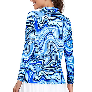 Long Sleeve Golf Shirts for Women UPF50+ Sun Protection Loose Fitting Workout Tops 1/4 Zip Up Fast Dry Lightweight Moisture Wicking Tennis Yoga Athletic Shirt Marble Printed Blue Wave, XX-Large