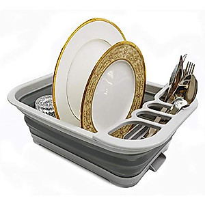SAMMART Collapsible Dish Drainer with Drainer Board - Foldable Drying Rack Set - Portable Dinnerware Organizer - Space Saving Kitchen Storage Tray (1, Grey)