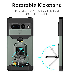 Nvollnoe Google Pixel 7 Pro Case with Sliding Camera Cover, Magnetic Kickstand, Heavy Duty Protective Case, Card Holder, Textured Finish, Green