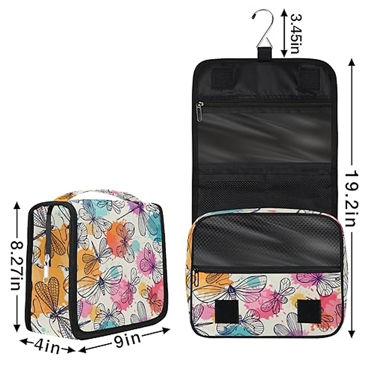 POFATO Butterfly Dragonfly Ink Travel Toiletry Bag Cosmetic Makeup Bag for Women Men Hanging Hook Wash Toiletries Portable Toiletry Bags Organizer