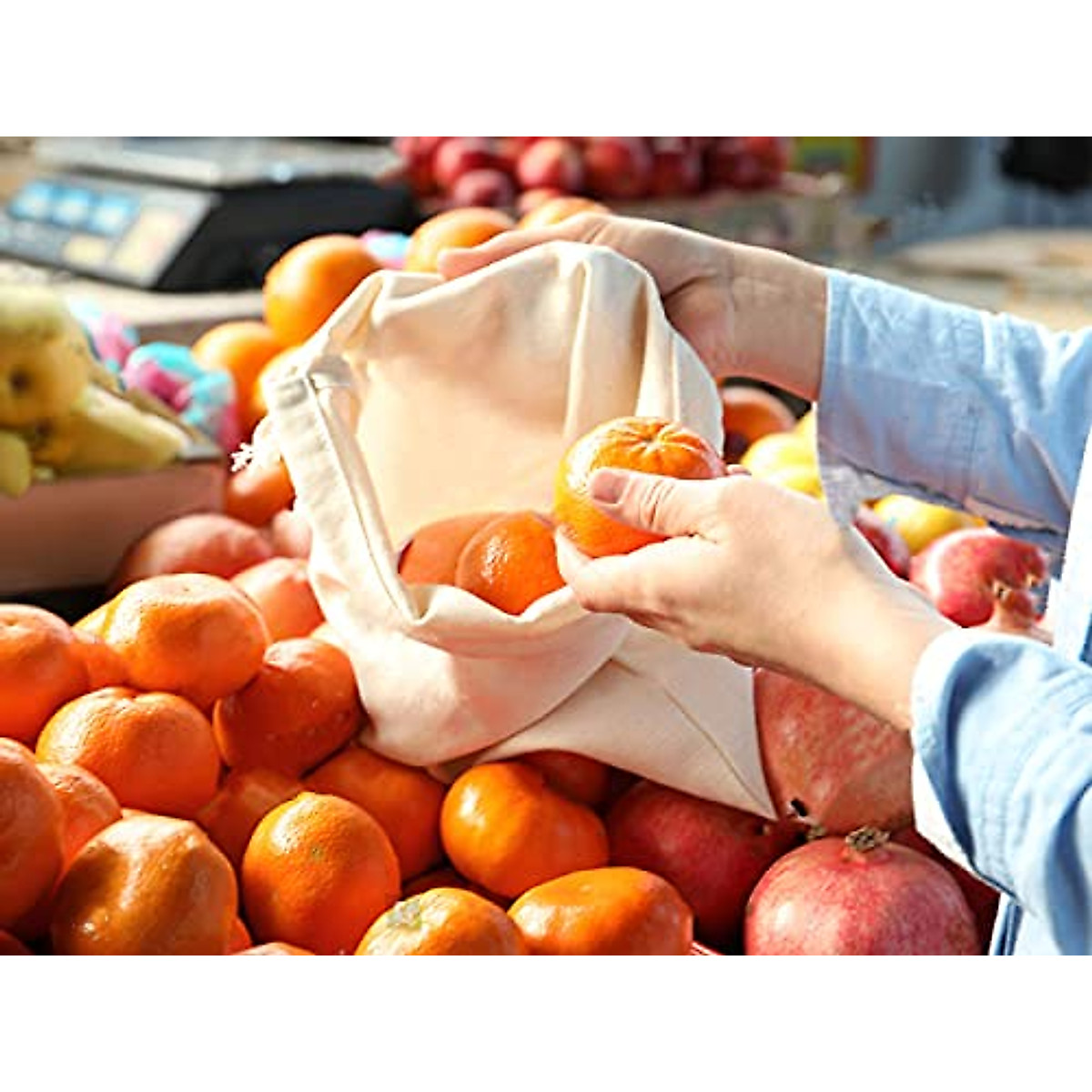 WHITEWRAP Reusable Produce Bags with Drawstrings | Mixed (S, M, L) |12-Pack |Eco Friendly Bags, Food Storage, Natural Cotton, Biodegradable Fabric Bags, Snack Bags, Cloth Bags, Gift Bag