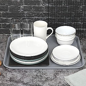 Ggbin 6 Pack Plastic Fast Food Serving Tray, Black and Gray, Rectangular Cafeteria Trays