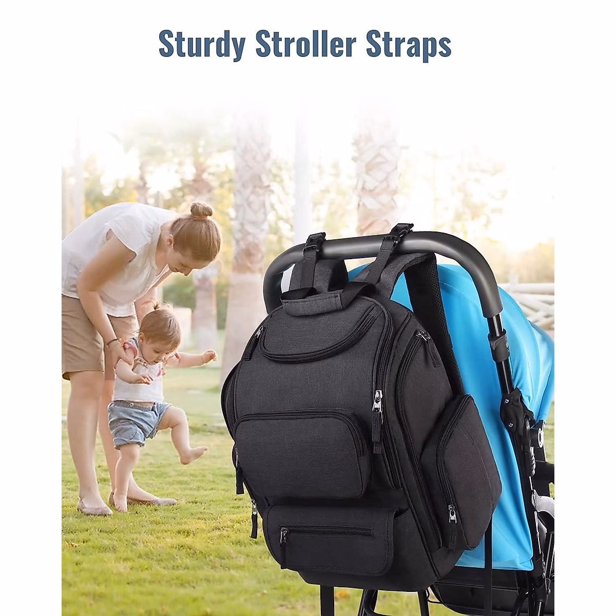 Mancro Diaper Bag Backpack, Multifunctional Dad Diaper Bag with 2 Side Insulated Pockets, Travel Water Resistant Baby Diaper Backpack for Men Women with Stroller Straps, Black