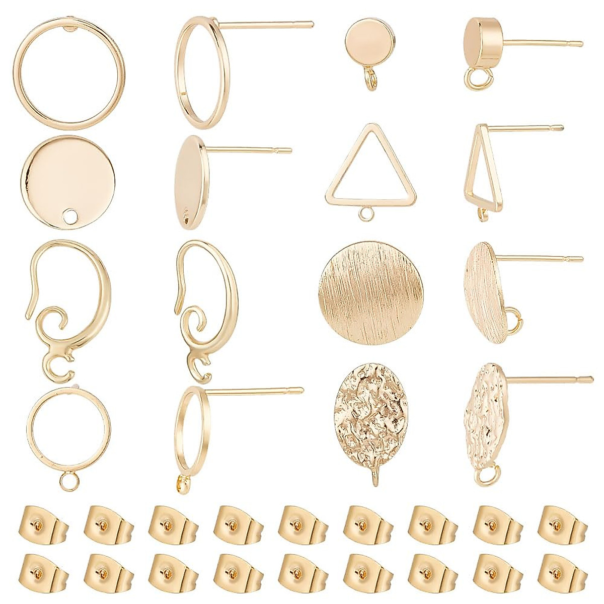BENECREAT 8 Pairs 8 Style 18K Real Gold Plated Geometric Brass Stud, Round Triangles Stud Earring Findings with Loops and 20Pcs Plastic Ear Nuts for Earring Making, Pin: 0.8mm