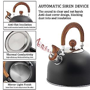 Stainless Steel Whistling Tea Kettle, 2.2 QT / 88 OZ Vintage Black Teapot with Wood Pattern Folding Handle, Stovetop Kettle for Tea, Water, Coffee, Milk, etc, Gas Electric Applicable